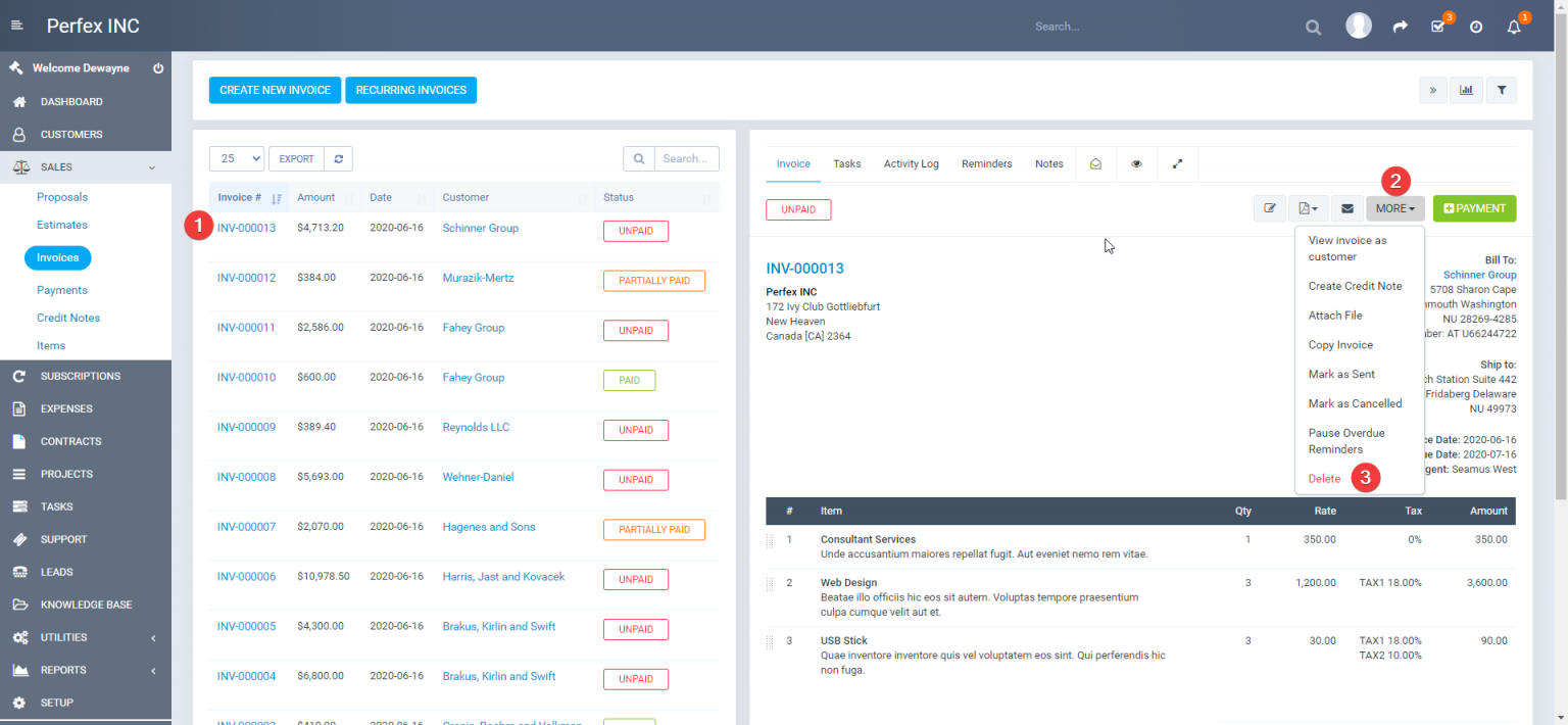 I Don’t See the Delete Button for Estimate/Invoice? | Perfex CRM